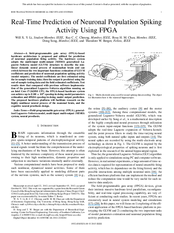 (PDF) Real-time prediction of neuronal population spiking activity using FPGA