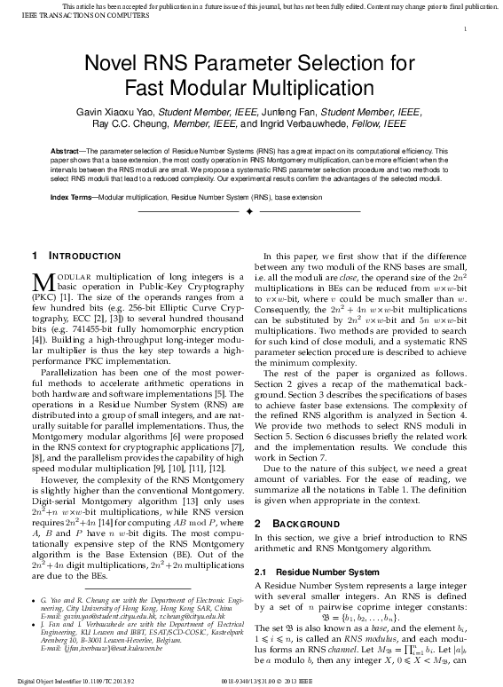 (PDF) Novel RNS Parameter Selection for Fast Modular Multiplication