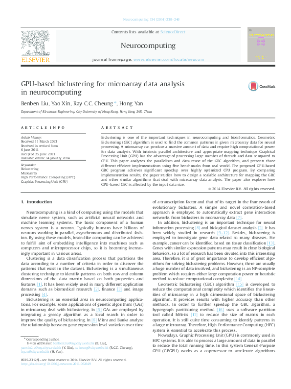 (PDF) GPU-based biclustering for microarray data analysis in neurocomputing