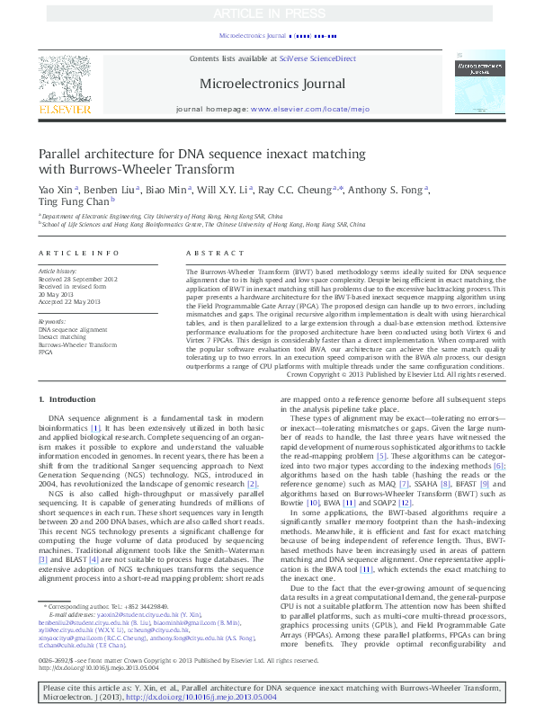 Pdf Parallel Architecture For Dna Sequence Inexact Matching With Burrows Wheeler Transform