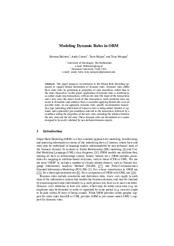 (PDF) Modeling Dynamic Rules in ORM