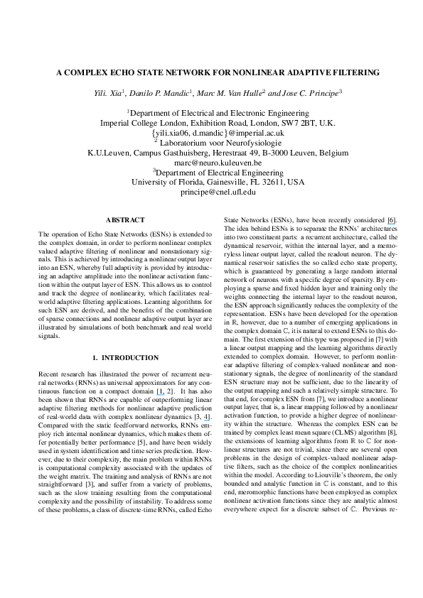 (PDF) Complex Echo State Networks for Nonlinear Adaptive Filtering