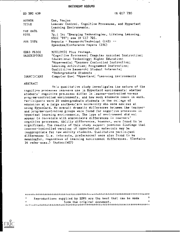 Pdf Learner Control Cognitive Processes And Hypertext Learning