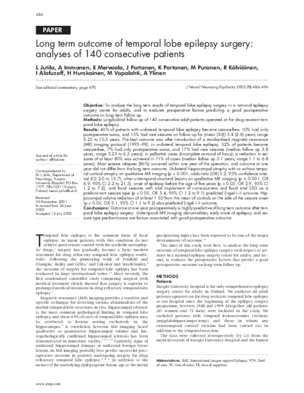 (PDF) Long term outcome of temporal lobe epilepsy surgery: analyses of ...