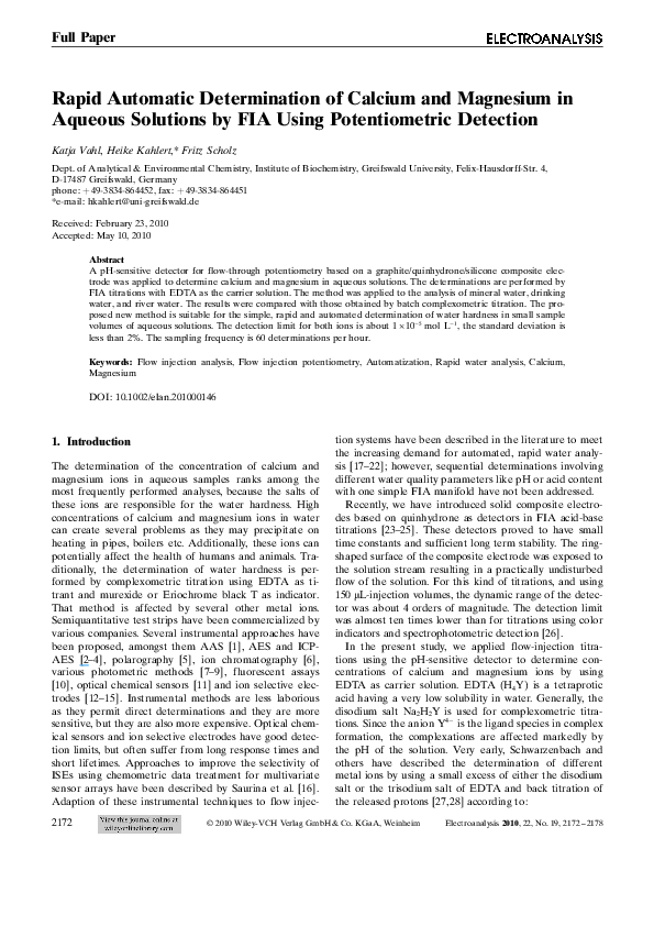 Pdf Rapid Automatic Determination Of Calcium And Magnesium In Aqueous Solutions By Fia Using