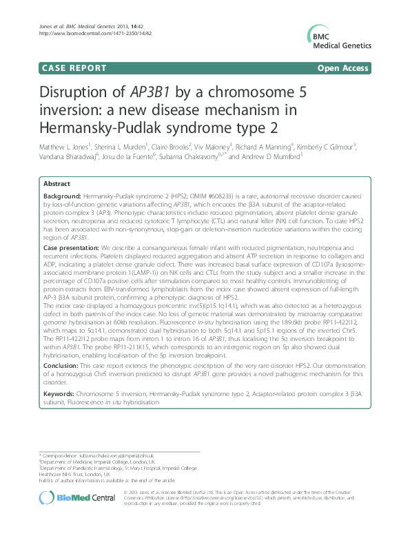 (PDF) Disruption of AP3B1 by a chromosome 5 inversion: a new disease ...