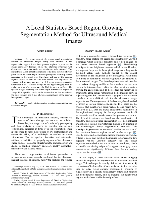 (PDF) A Local Statistics Based Region Growing Segmentation Method for Ultrasound Medical Images