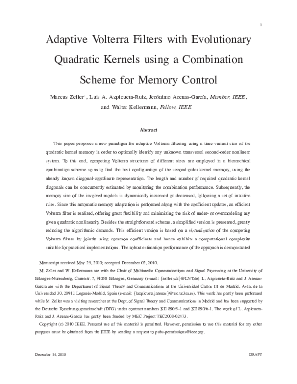 Pdf Adaptive Volterra Filters With Evolutionary Quadratic Kernels Using A Combination Scheme