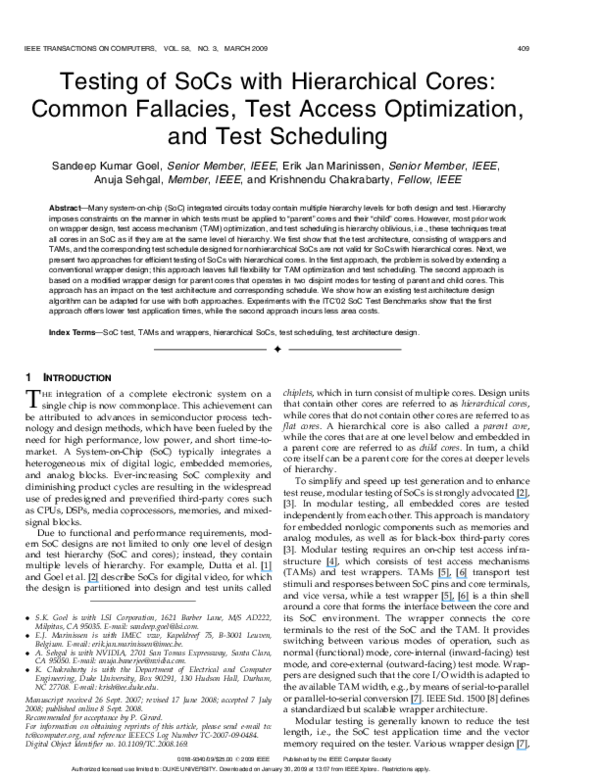 Pdf Testing Of Socs With Hierarchical Cores Common Fallacies Test Access Optimization And