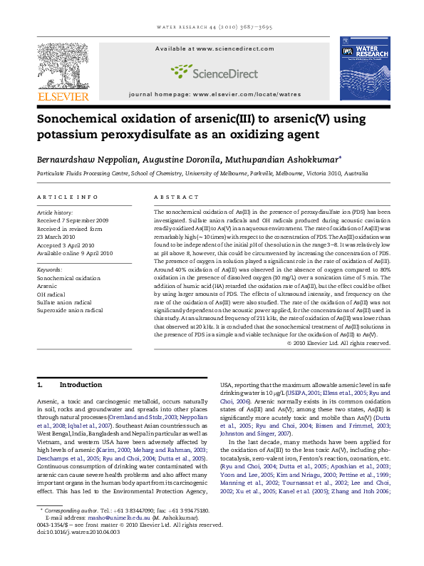 (PDF) Sonochemical oxidation of arsenic(III) to arsenic(V) using ...