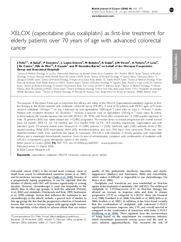 (PDF) XELOX (capecitabine plus oxaliplatin) as first-line treatment for elderly patients over 70 ...