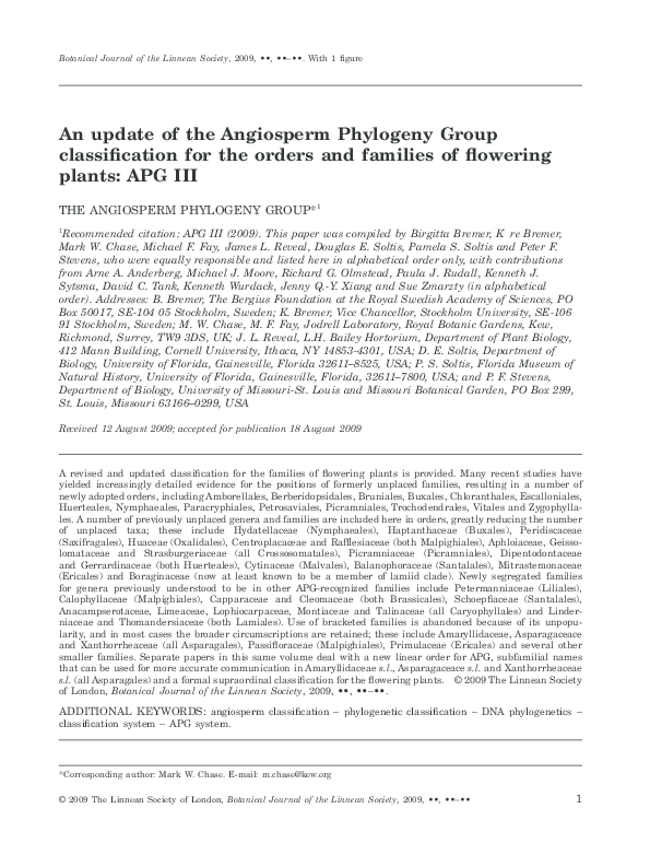 (PDF) APG . An update of the Angiosperm Phylogeny Group classification ...