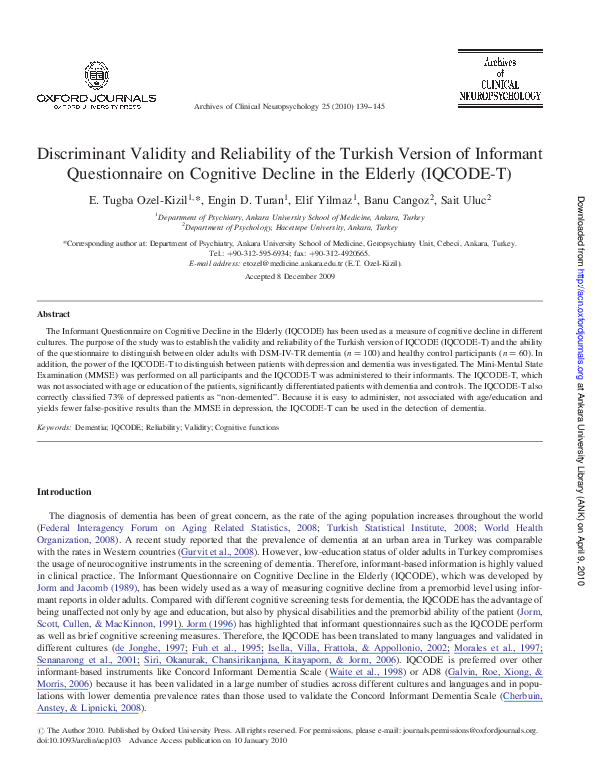 Pdf Discriminant Validity And Reliability Of The Turkish Version Of Informant Questionnaire On