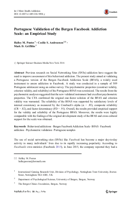 (PDF) Pontes, H.M., Andreassen, C.S. & Griffiths, M.D. (2016 ...