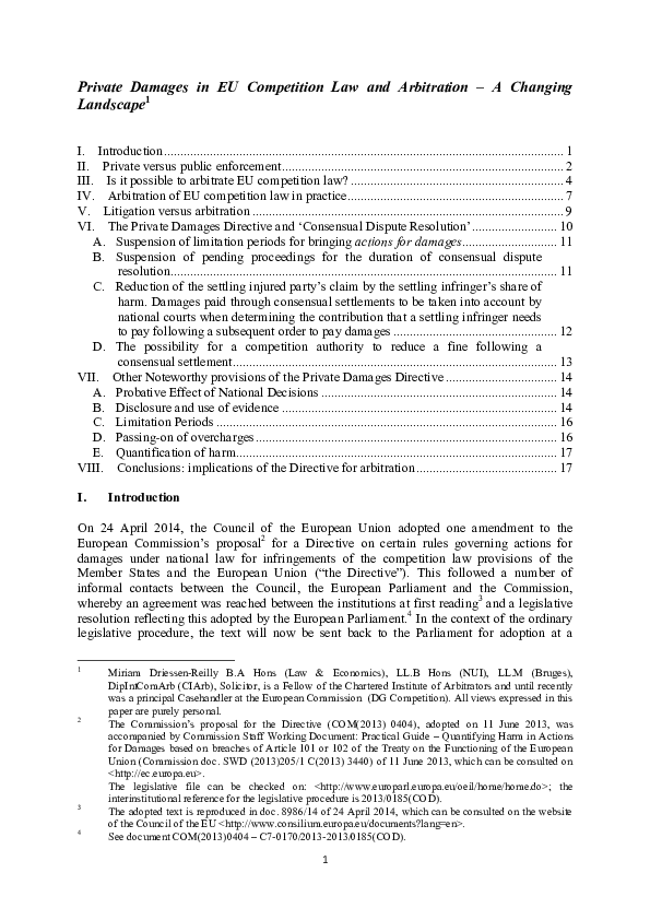 (PDF) Private damages in EU competition law and arbitration--a changing ...