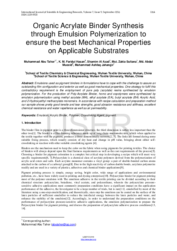 (PDF) Organic Acrylate Binder Synthesis through Emulsion Polymerization ...