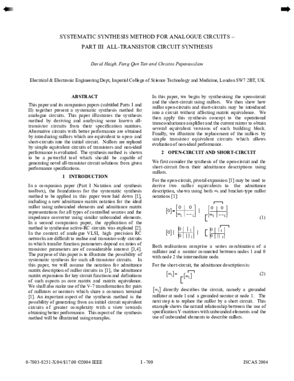 Pdf Systematic Synthesis Method For Analogue Circuits Part Ii