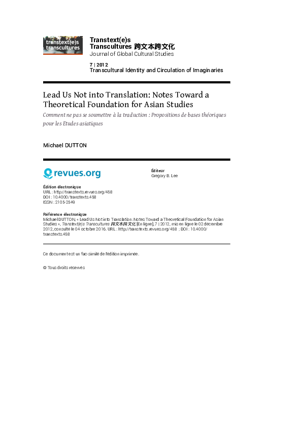 (PDF) Lead Us Not into Translation: Notes Toward a Theoretical ...