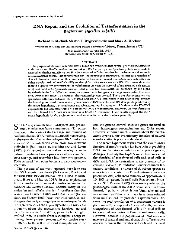 Pdf Dna Repair And The Evolution Of Transformation In Bacillus