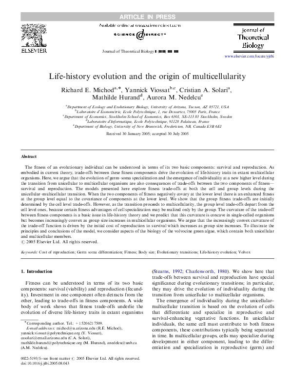 (PDF) Life-history evolution and the origin of multicellularity ...