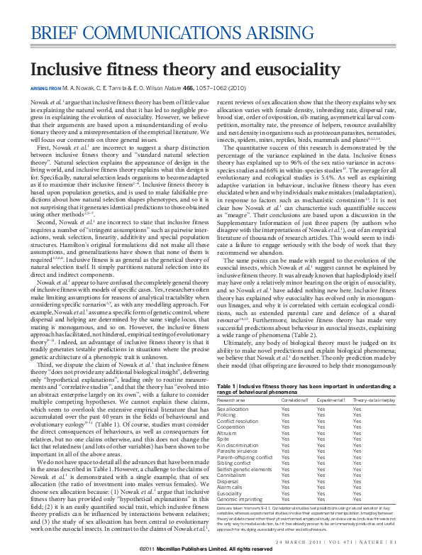 (PDF) Inclusive fitness in evolution | Richard E Michod - Academia.edu