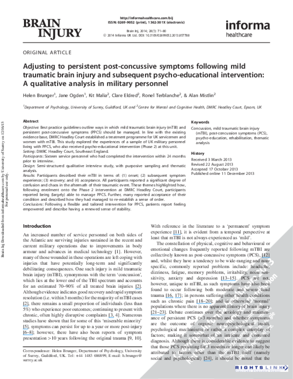 (PDF) Adjusting to persistent post-concussive symptoms following mild traumatic brain injury and ...