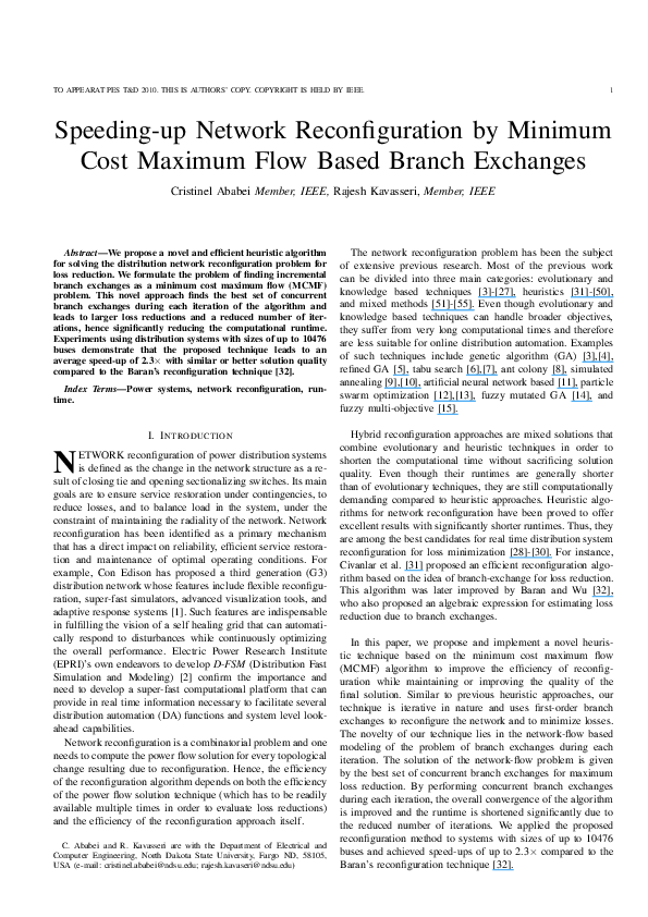 (PDF) Speeding-up network reconfiguration by minimum cost maximum flow based branch exchanges