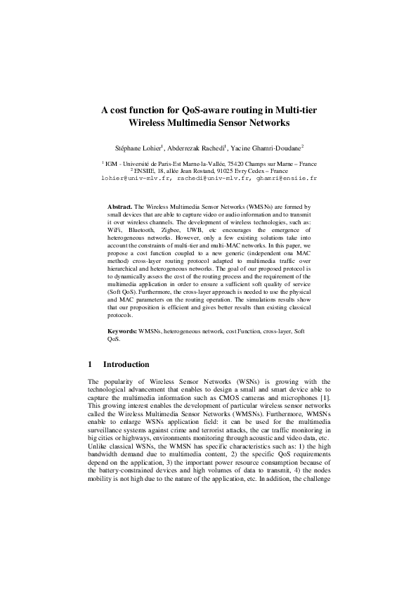 Pdf A Cost Function For Qos Aware Routing In Multi Tier Wireless Multimedia Sensor Networks