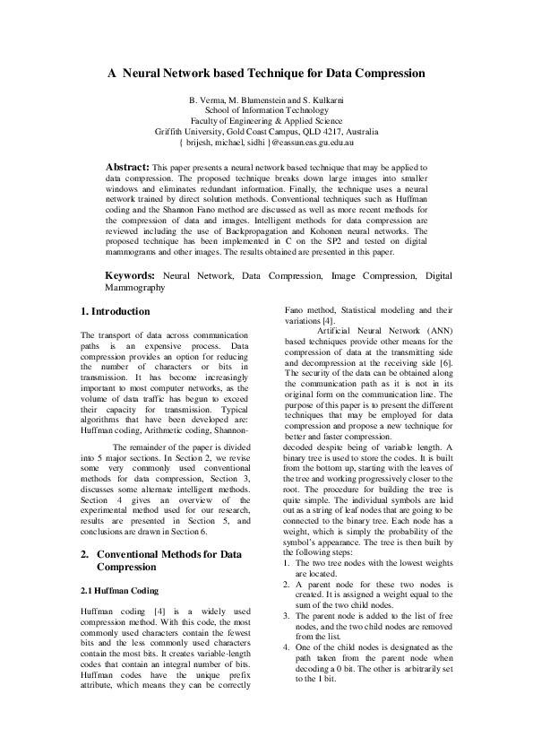 (PDF) A Neural Network Based Technique for Data Compression