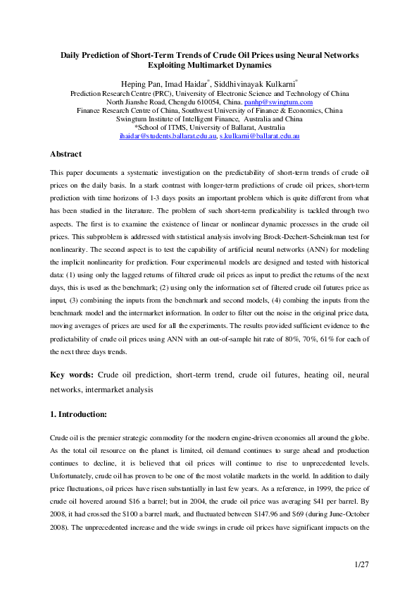 Pdf Daily Prediction Of Short Term Trends Of Crude Oil Prices Using Neural Networks Exploiting