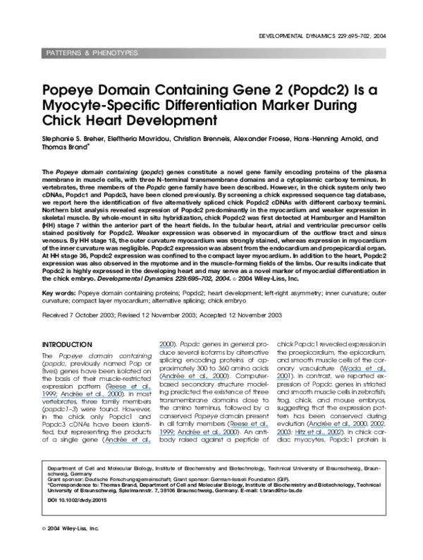 (PDF) Popeye domain containing gene 2 (Popdc2) is a myocyte-specific ...