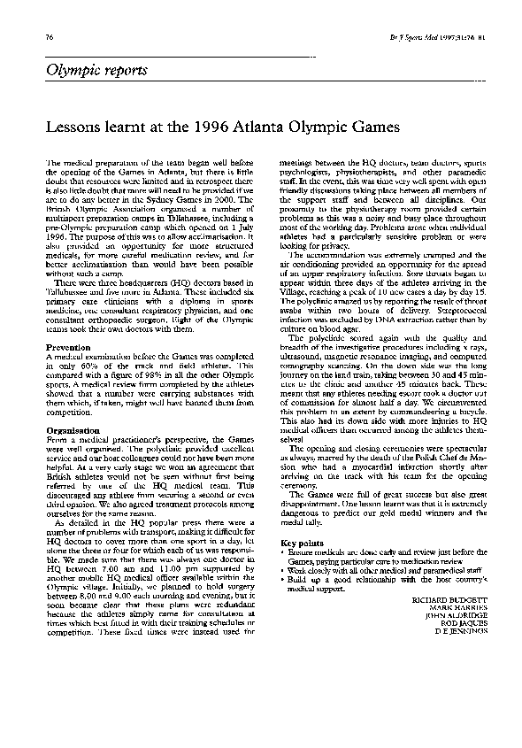 (PDF) Lessons learnt at the 1996 Atlanta Olympic Games