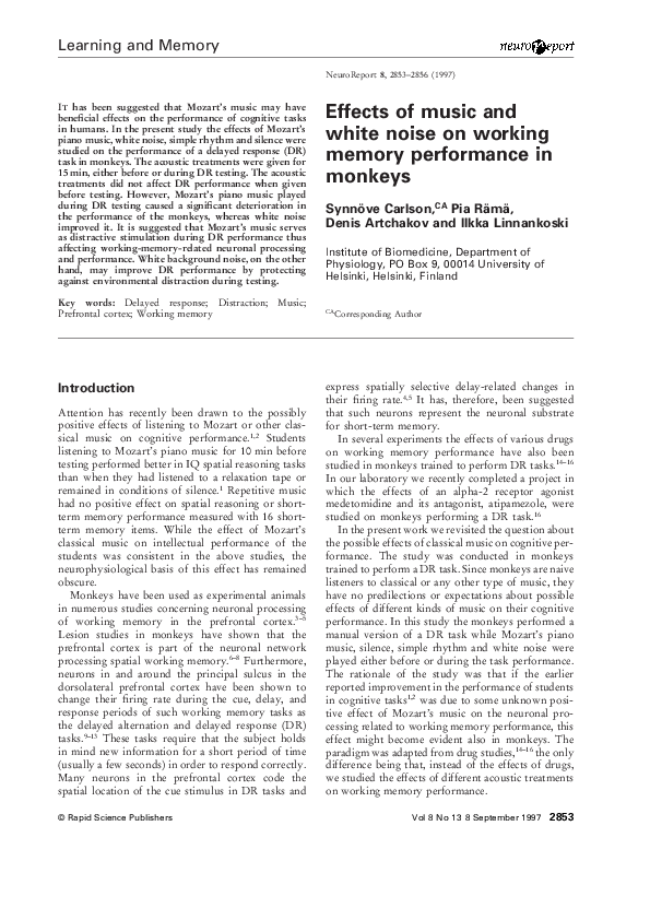 (PDF) Effects of music and white noise on working memory performance in ...