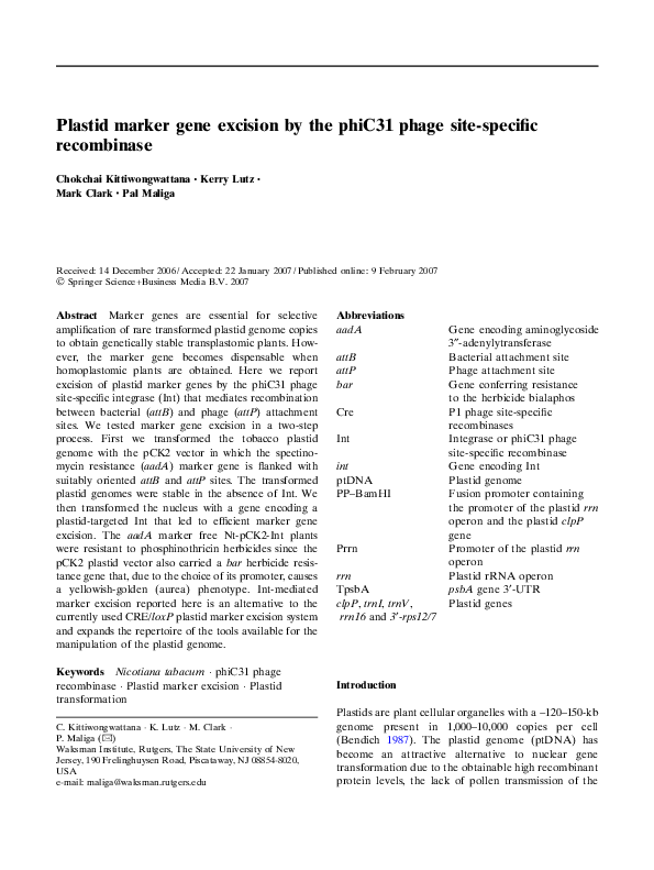 (PDF) Plastid marker gene excision by the phiC31 phage site-specific ...