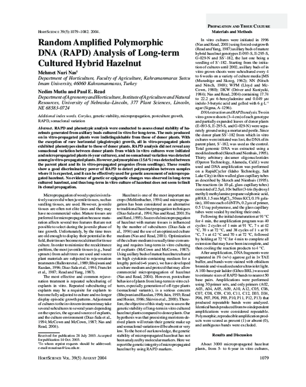 (PDF) Random Amplified Polymorphic DNA (RAPD) Analysis of Long-term Cultured Hybrid Hazelnut