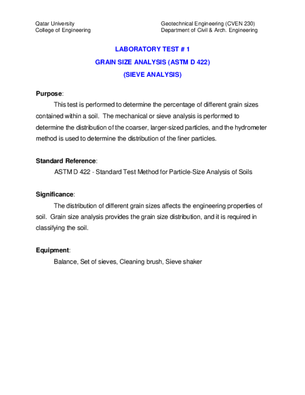 (PDF) LABORATORY TEST # 1 GRAIN SIZE ANALYSIS (ASTM D 422