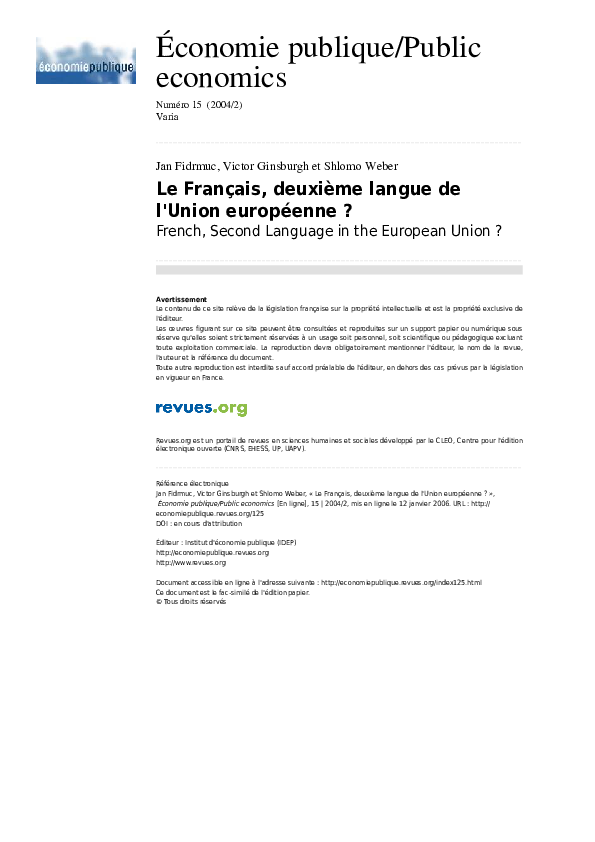 (PDF) Le Français, deuxième langue de l'Union européenne ?. French ...