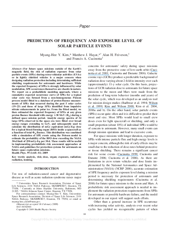 Pdf Prediction Of Frequency And Exposure Level Of Solar Particle Events Francis Cucinotta