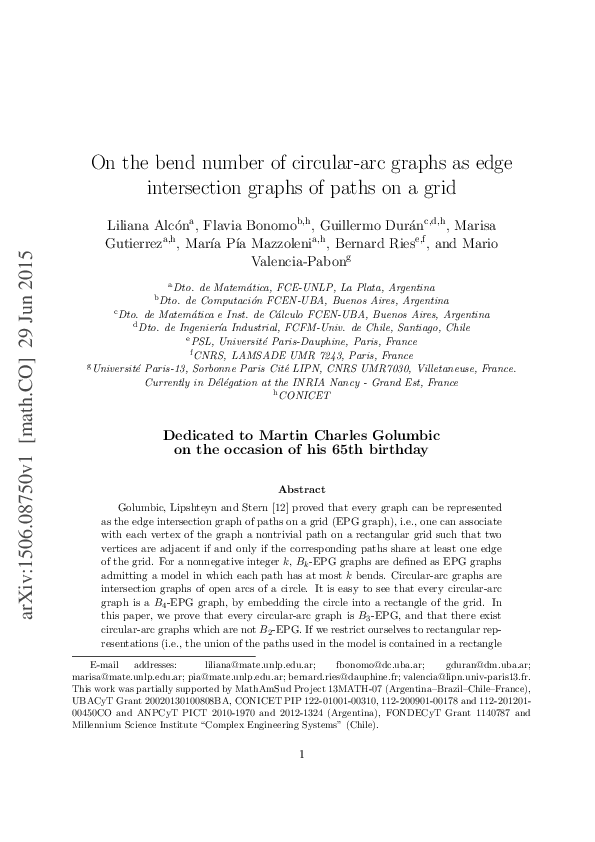 Pdf On The Bend Number Of Circular Arc Graphs As Edge Intersection Graphs Of Paths On A Grid