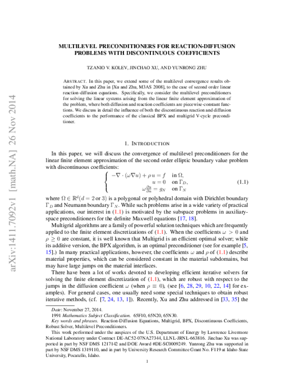 (PDF) Multilevel Preconditioners for Reaction-Diffusion Problems with Discontinuous Coefficients