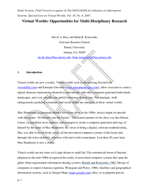 (PDF) Virtual worlds: multi-disciplinary research opportunities