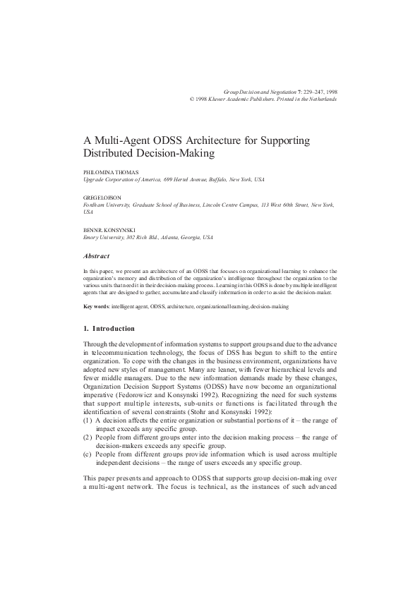 Pdf A Multi Agent Odss Architecture For Supporting Distributed Decision Making