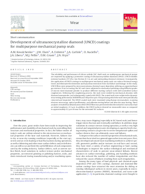 (PDF) Development of ultrananocrystalline diamond (UNCD) coatings for ...