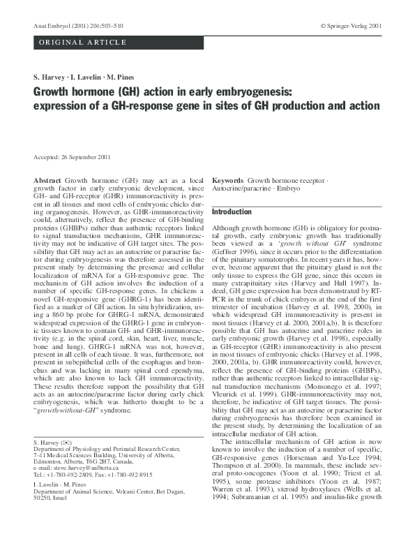 (PDF) Growth hormone (GH) action in early embryogenesis: expression of ...