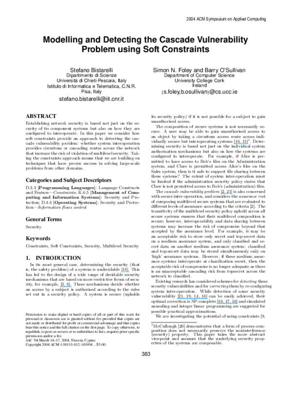 Pdf Modeling And Detecting The Cascade Vulnerability Problem Using Soft Constraints