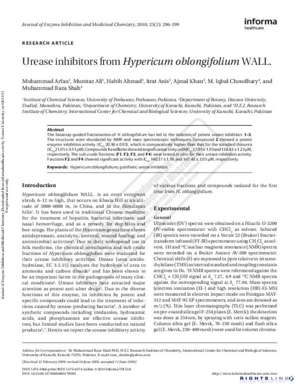 (PDF) Urease inhibitors from Hypericum oblongifolium WALL