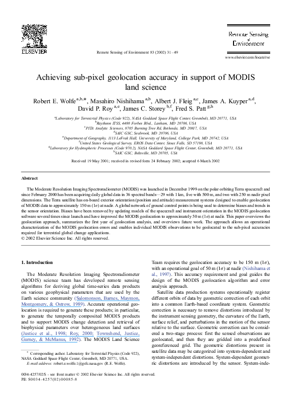 (PDF) Achieving sub-pixel geolocation accuracy in support of MODIS land science