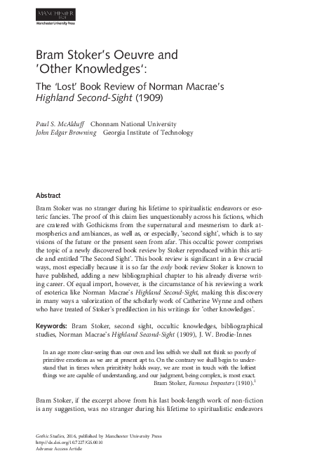 "Bram Stoker’s Oeuvre and ’Other Knowledges‘: The ‘Lost’ Book Review of ...