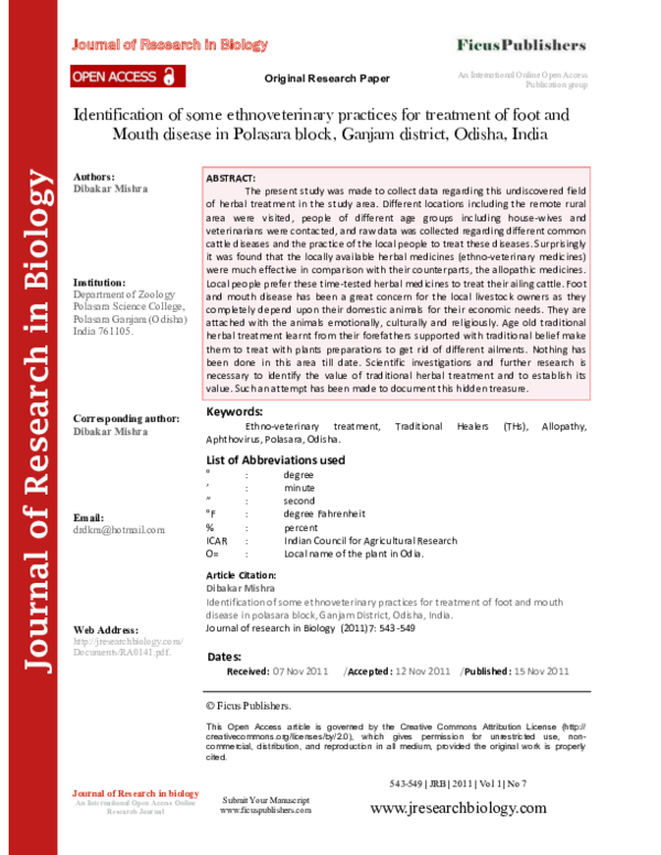 (PDF) Identification of some ethnoveterinary practices for treatment of ...