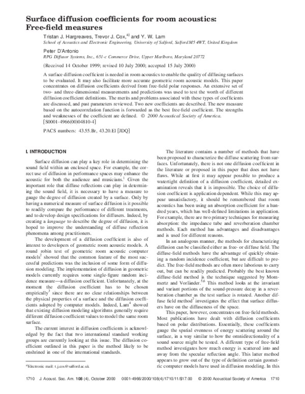 (PDF) Surface diffusion coefficients for room acoustics: Free-field ...